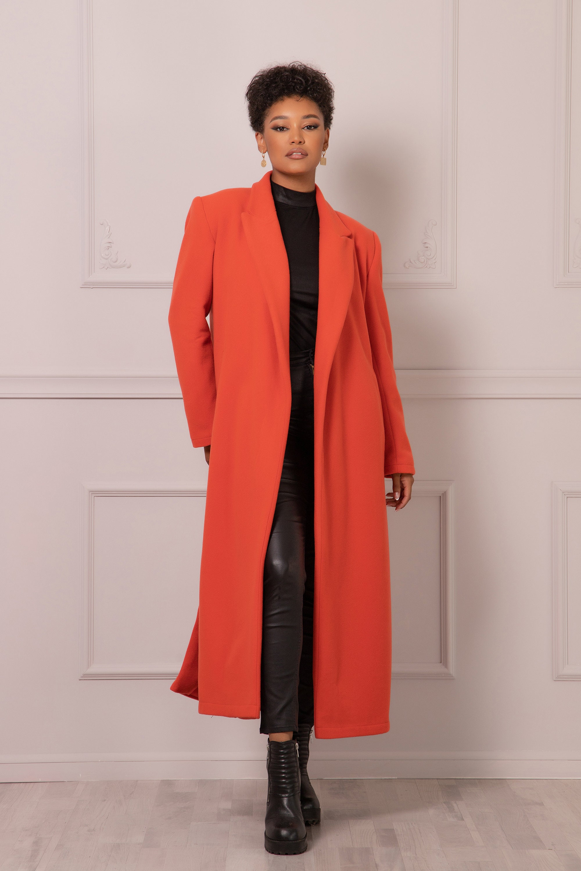 Bright Orange Wool Trench Coat, Long Colorful Overcoat, Robe Coat With ...
