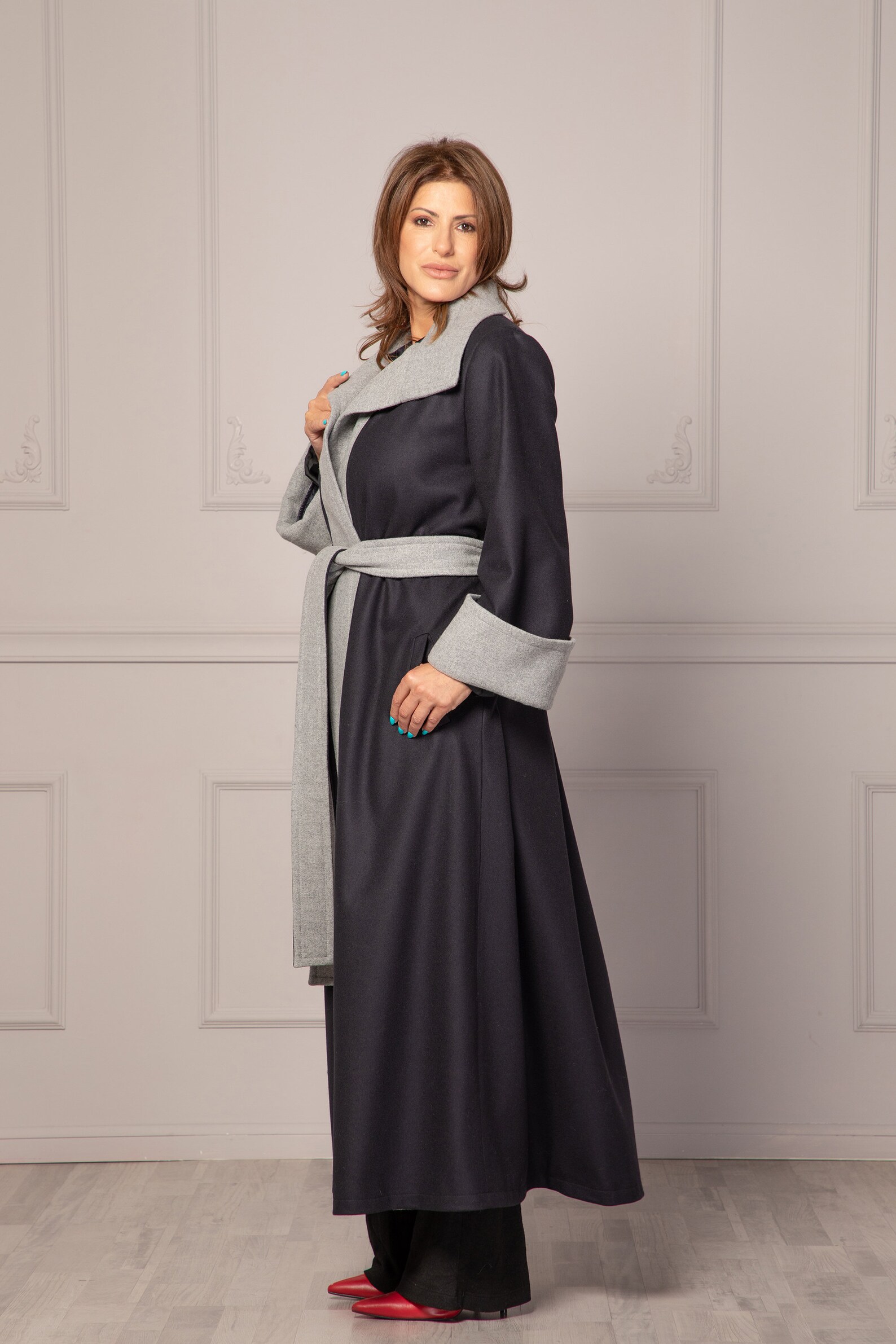 Lagenlook Robe Coat With Belt, Warm Maxi Gray & Black Wool Jacket ...