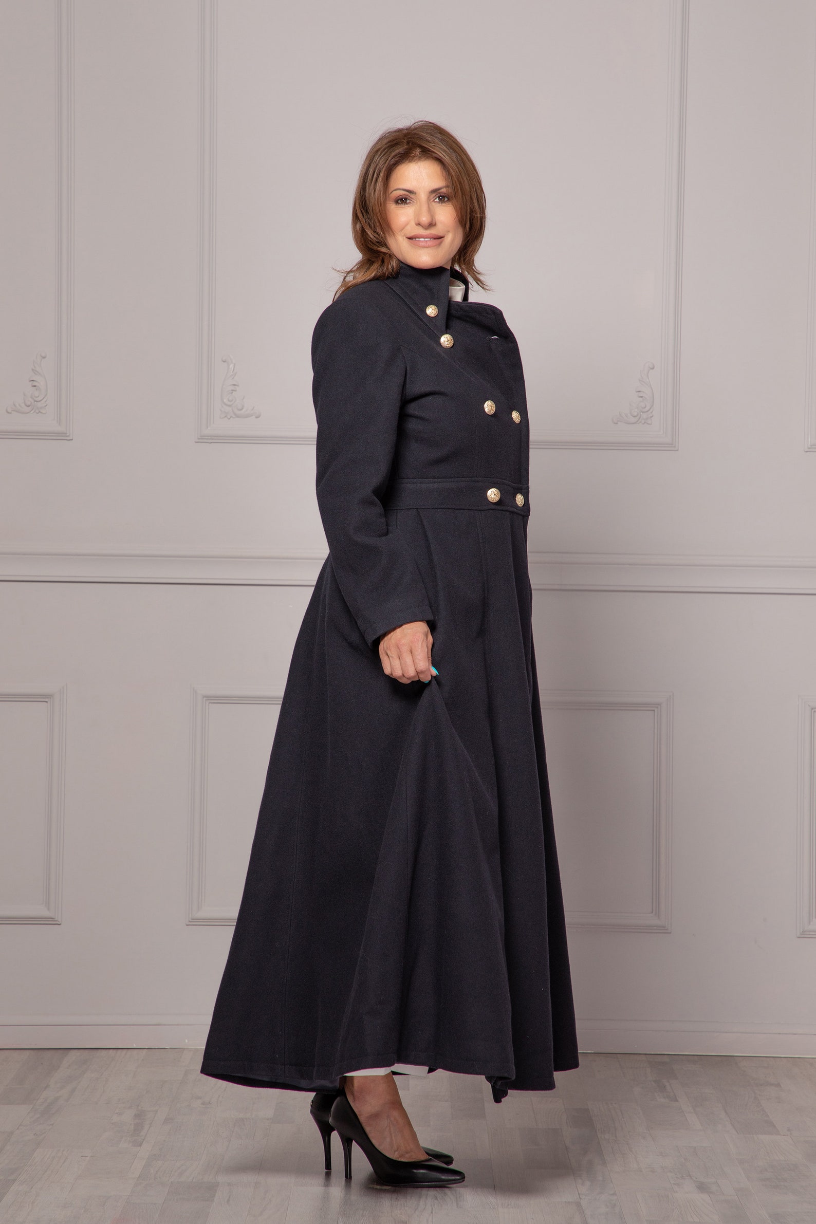 High Collar A-line Military Style Coat, Maxi Custom Made Winter Wool ...