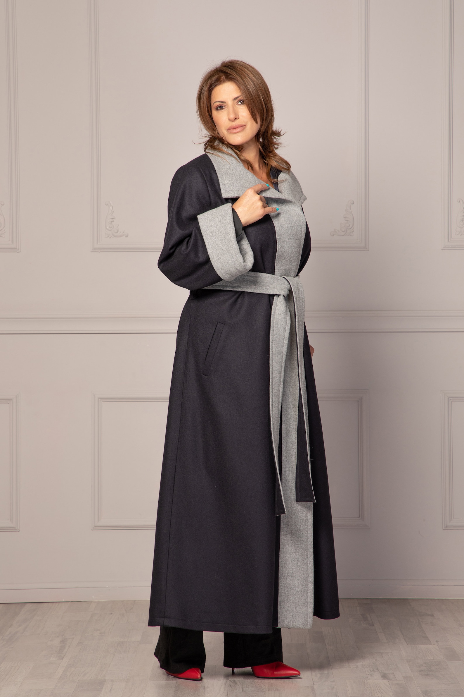 Lagenlook Robe Coat With Belt, Warm Maxi Gray & Black Wool Jacket ...