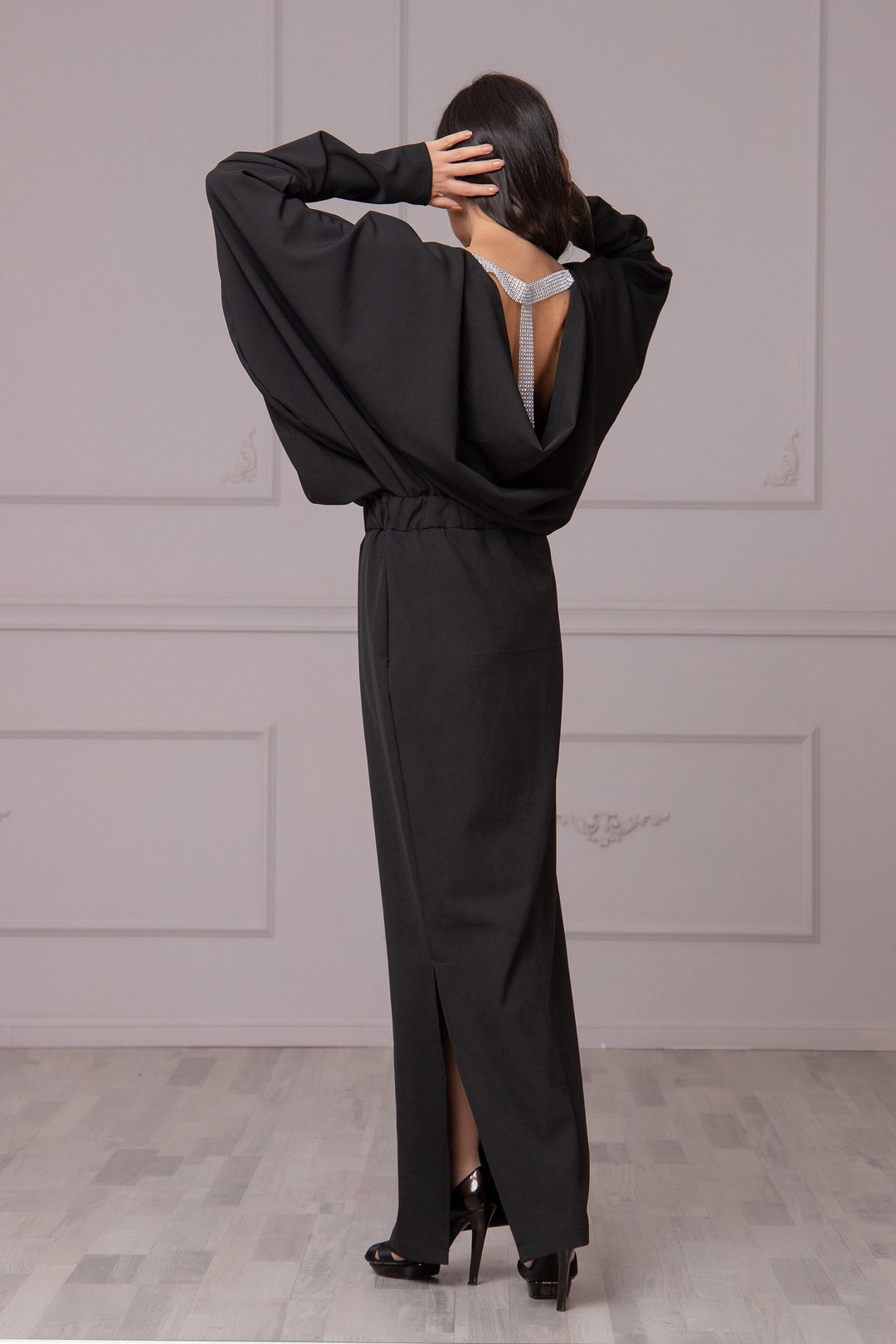 Elegant Black Formal Event Dress, Batwing Maxi Dress With Open Back ...