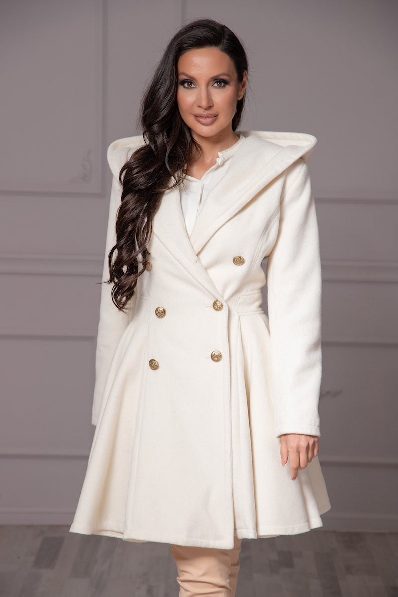 Modern 1950s Style Wool Princess Coat, Ivory White Pea Coat, Vintage ...