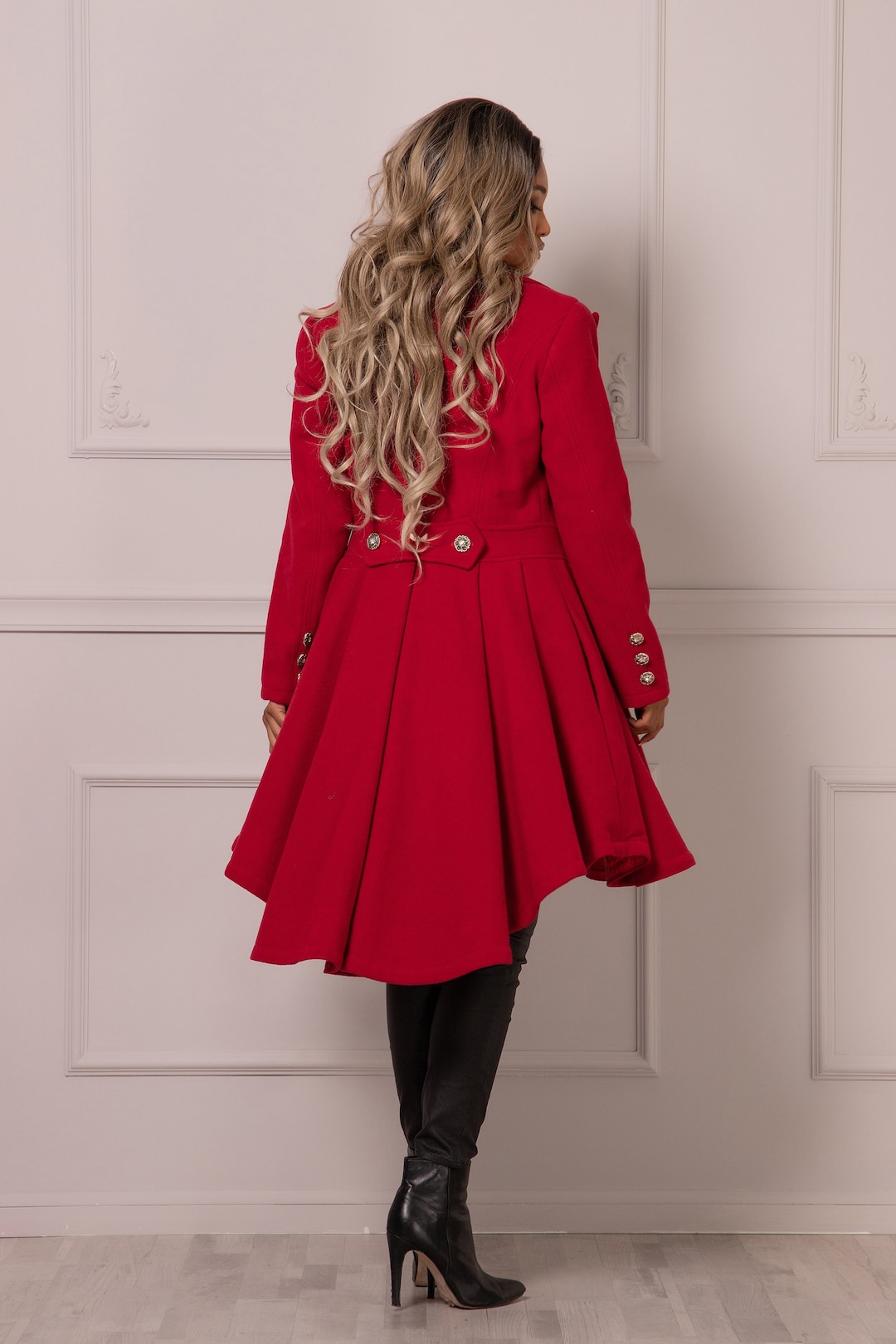 Midi Princess Coat, Red Wool Asymmetrical Skirted Coat, Elegant Midi ...