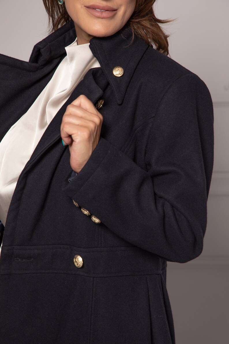 High Collar A-line Military Style Coat, Maxi Custom Made Winter Wool ...