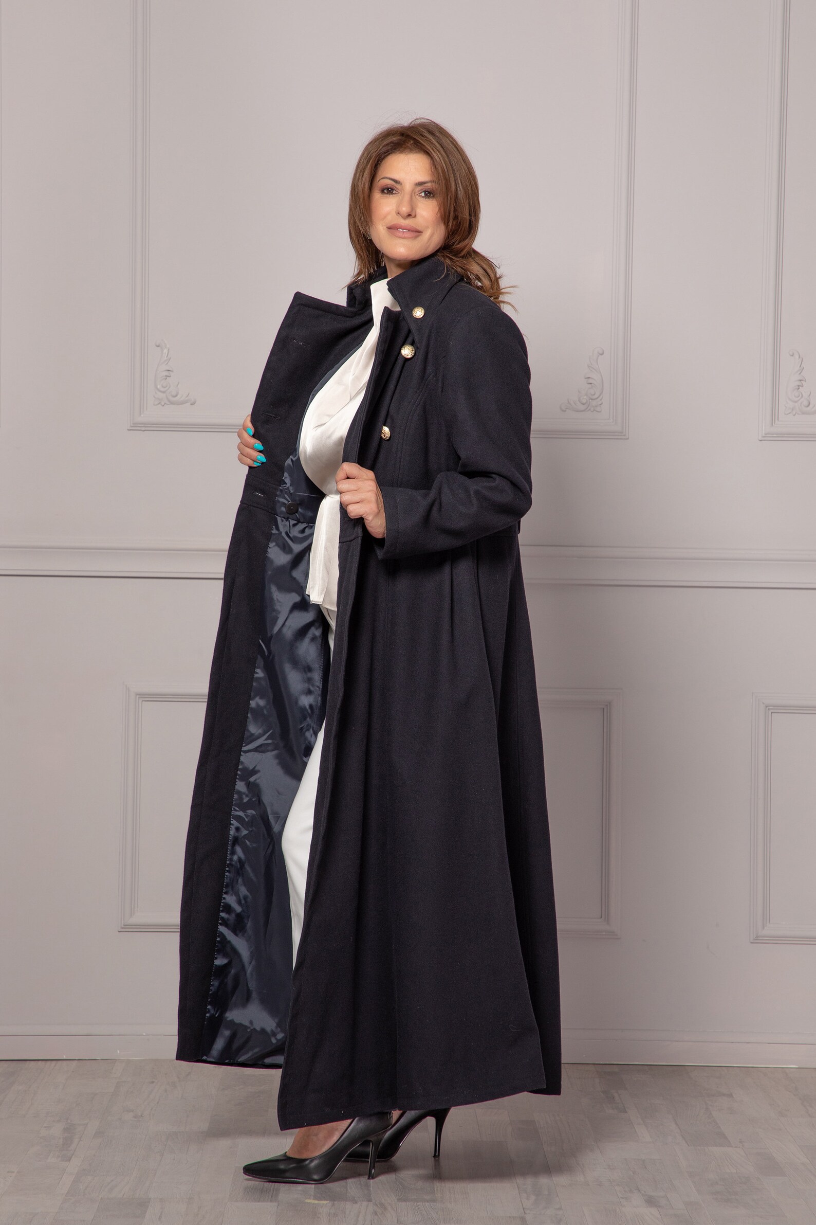 High Collar A-line Military Style Coat, Maxi Custom Made Winter Wool ...