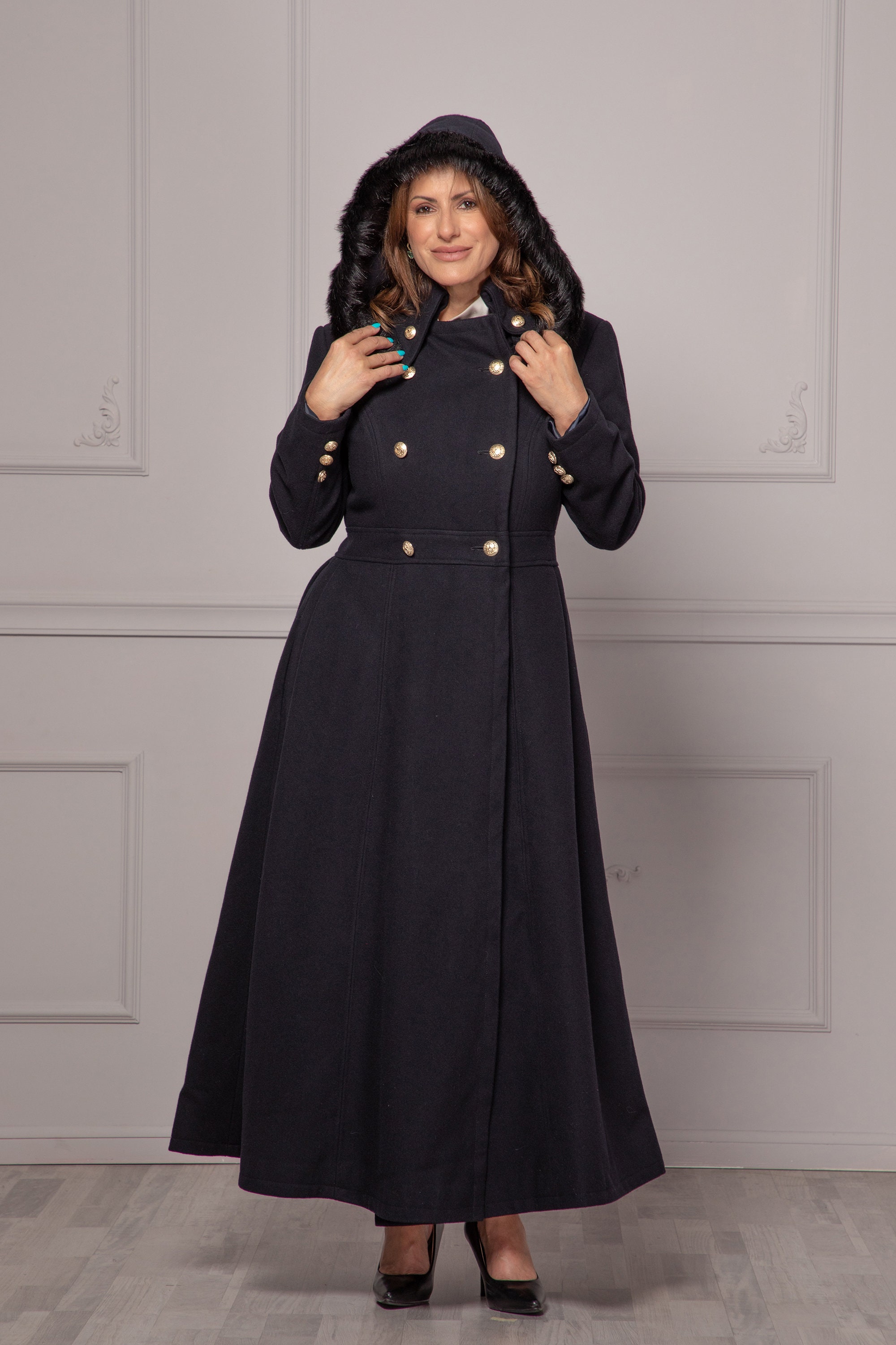 High Collar A-line Military Style Coat, Maxi Custom Made Winter Wool ...