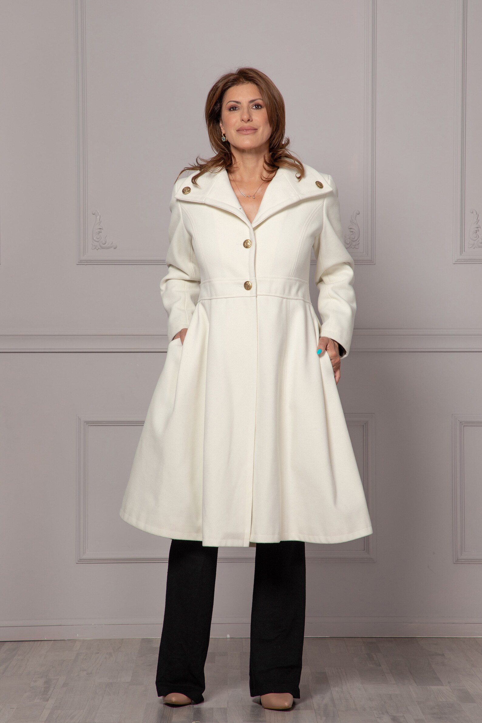 Ivory-white Swing Coat Made of Wool & Cashmere Classic Princess Cut ...