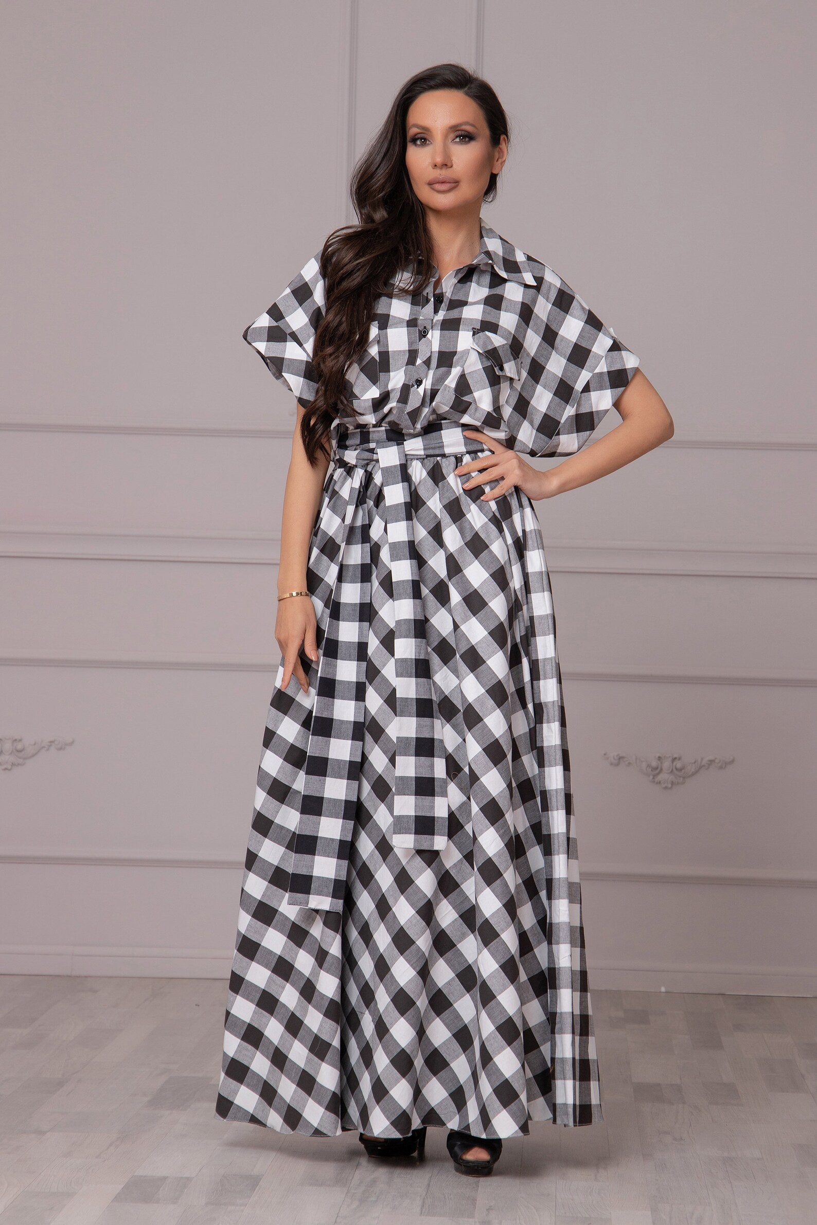 Black & White Buffalo Plaid Cotton Dress, Long Formal Shirt Dress, Plus ...