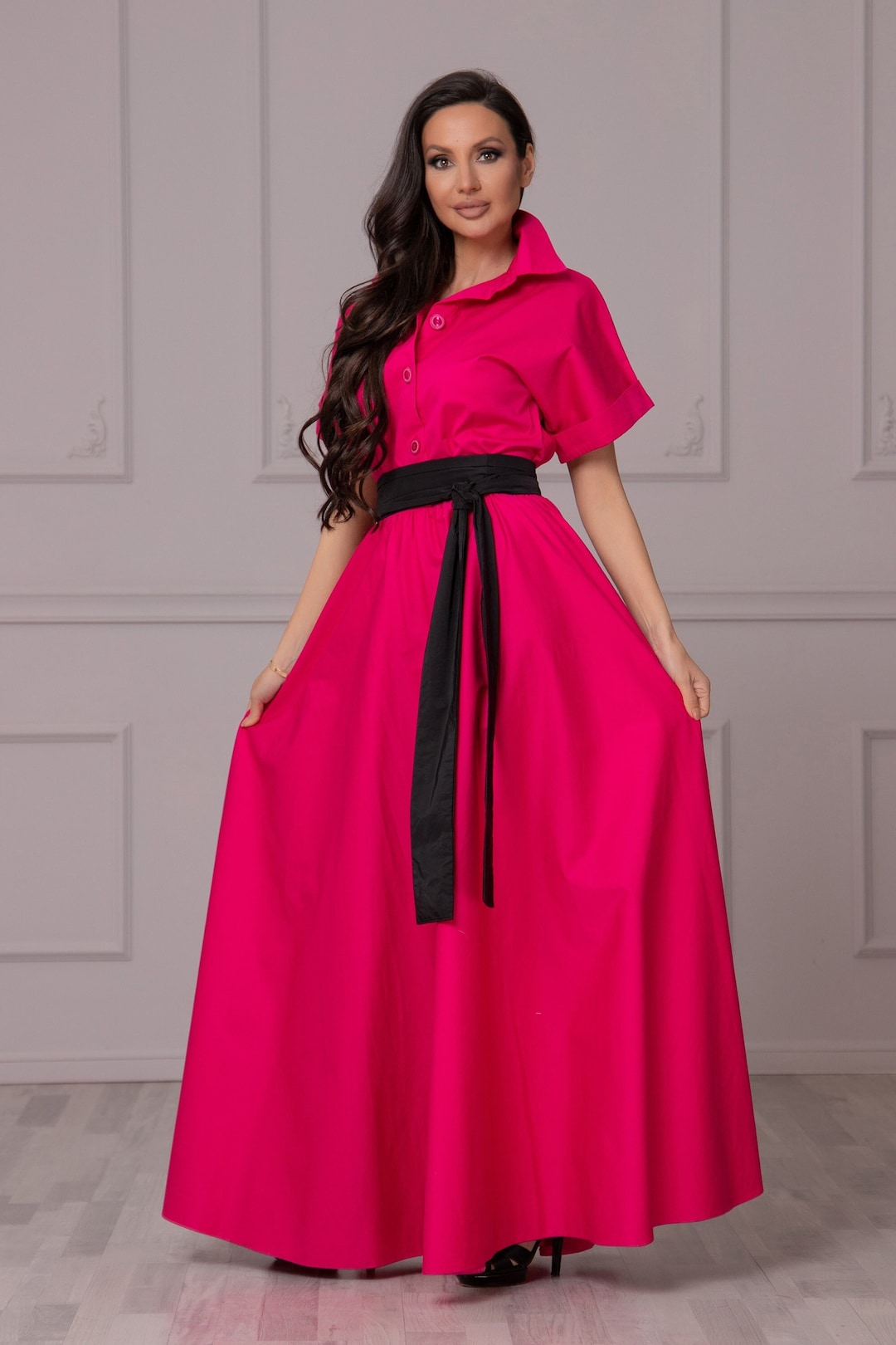 Fuchsia Maxi Shirt Dress, Wedding Guest Dress, Hot Pink Modest Dress, A ...