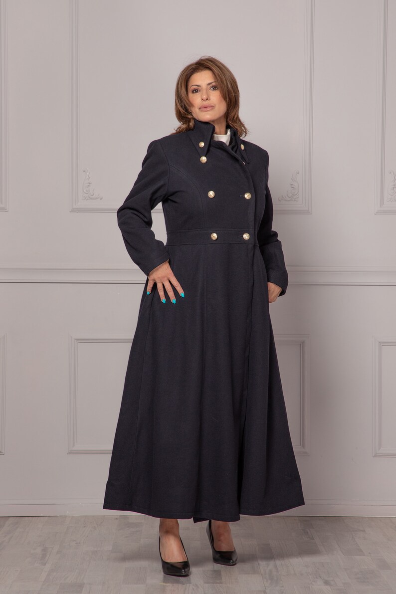 High Collar A-line Military Style Coat, Maxi Custom Made Winter Wool ...