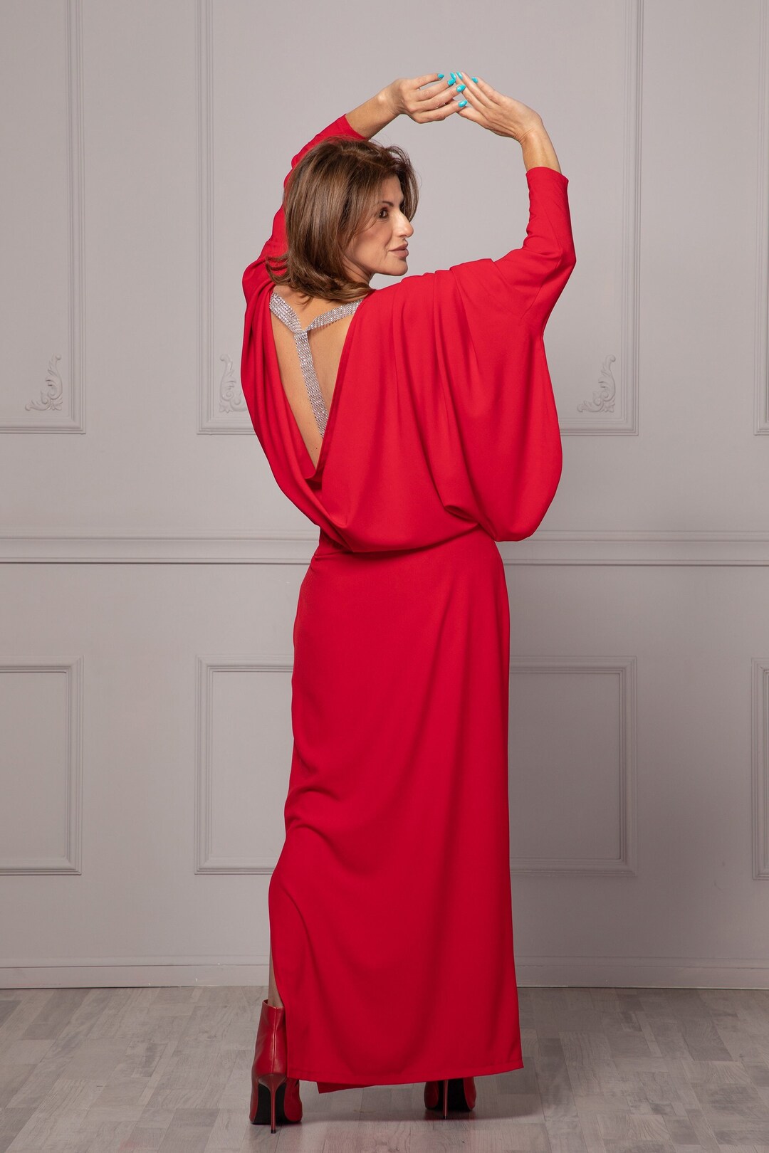 Red Batwing Dress, Evening Dress With Long Sleeves, Floor Length Loose ...