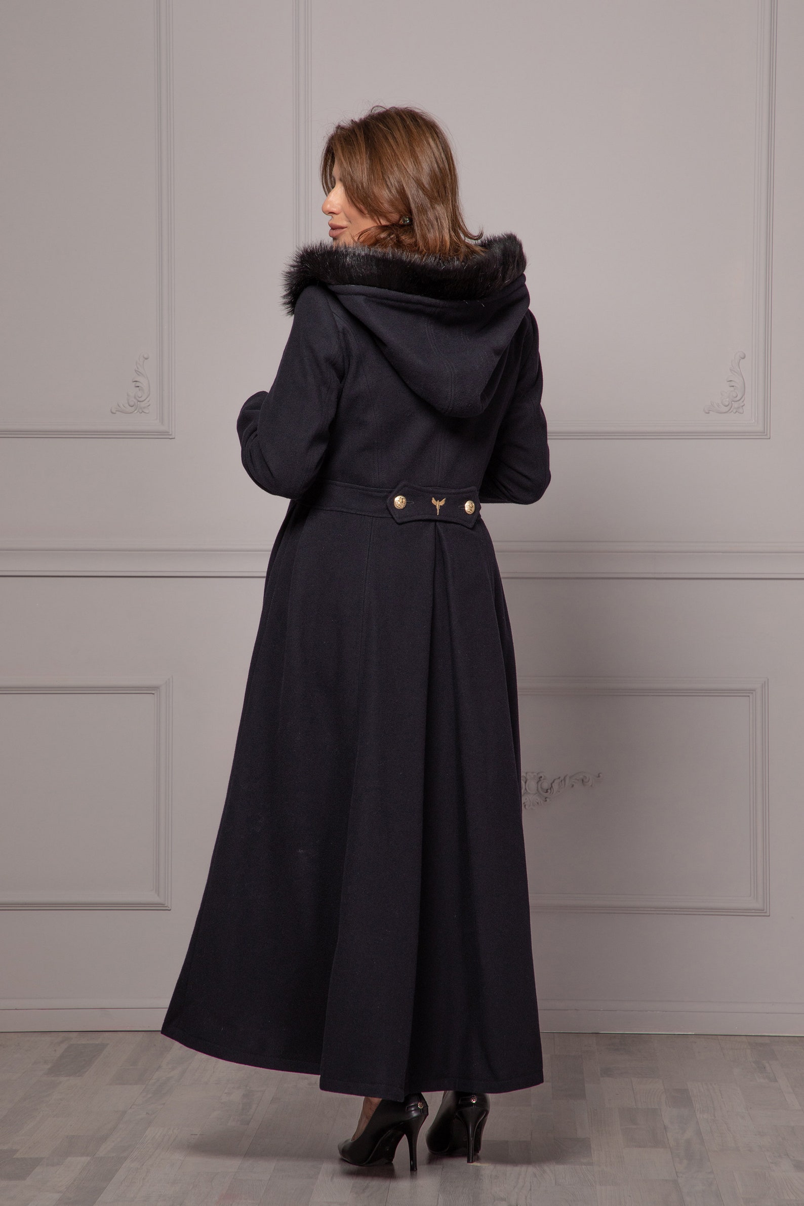 High Collar A-line Military Style Coat, Maxi Custom Made Winter Wool ...