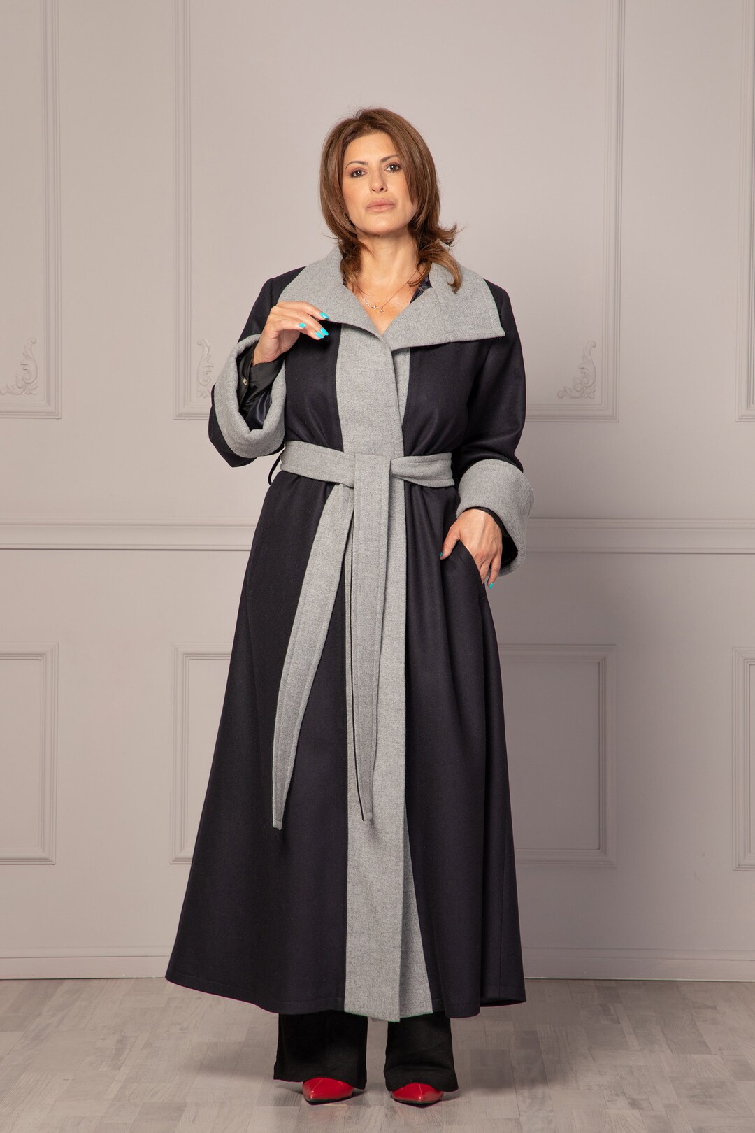 Lagenlook Robe Coat With Belt, Warm Maxi Gray & Black Wool Jacket ...
