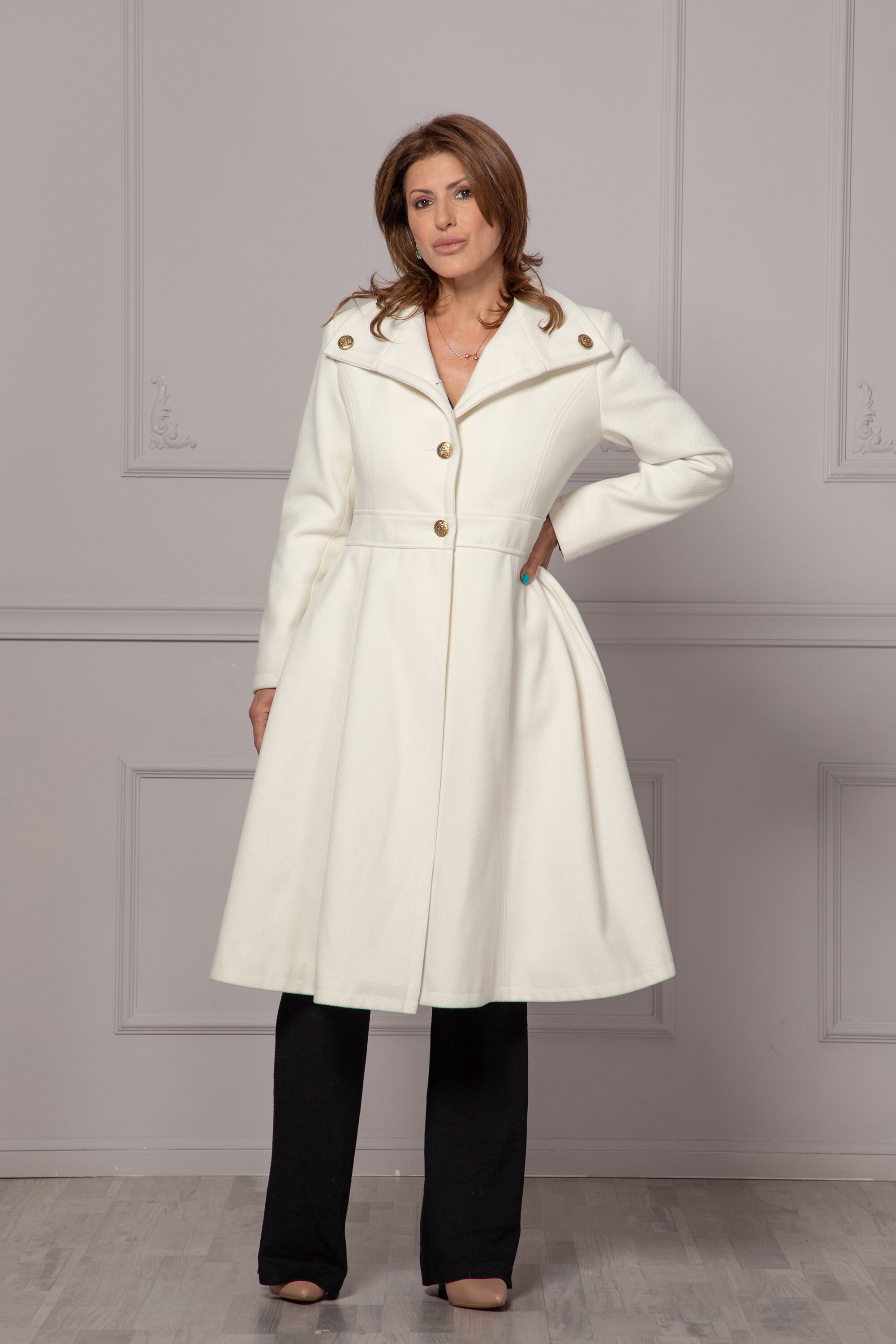 Ivory-white Swing Coat Made of Wool & Cashmere Classic Princess Cut ...