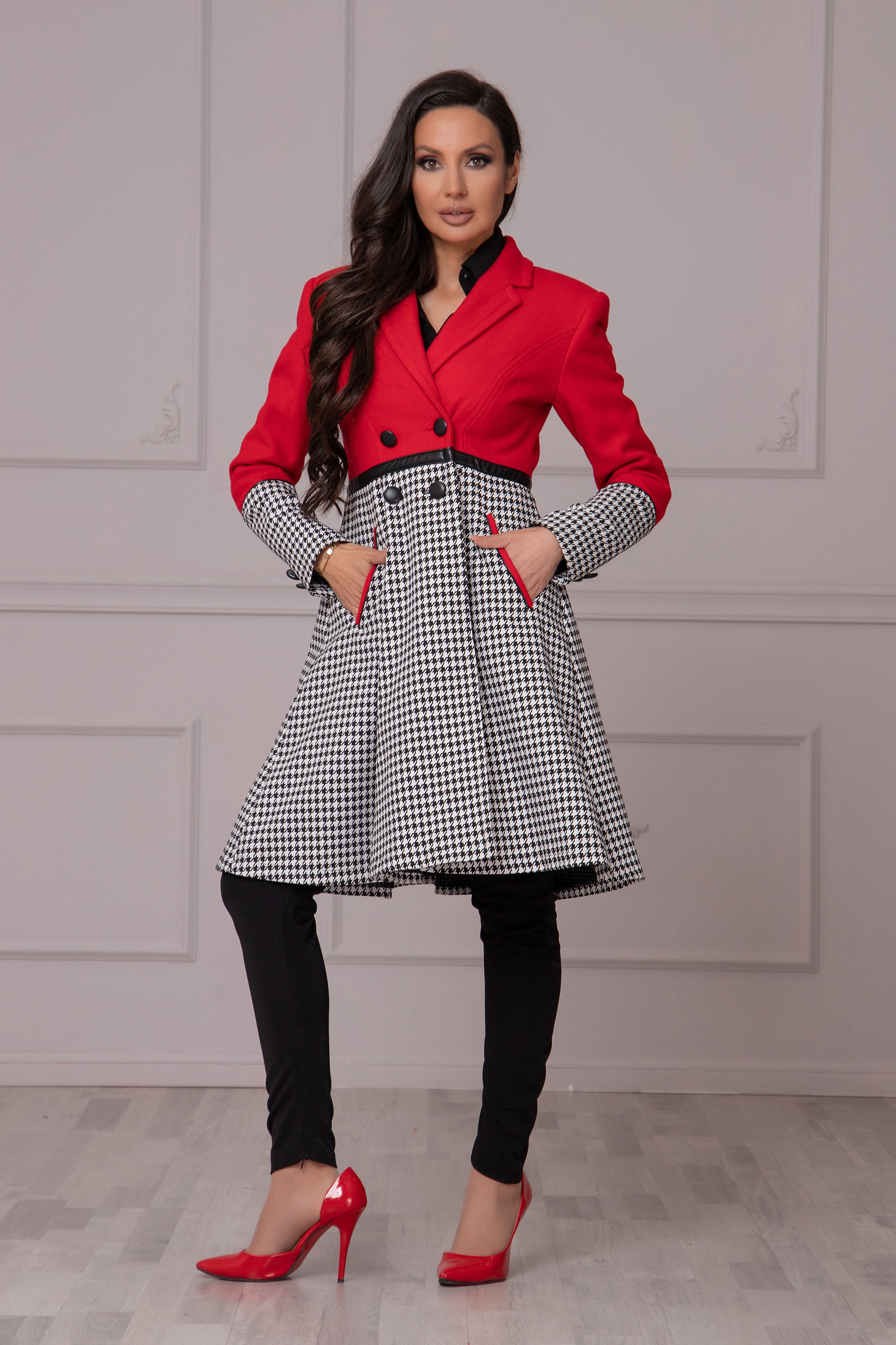 1960s Inspired Color Block Overcoat in Red & Houndstooth for Suit, A ...