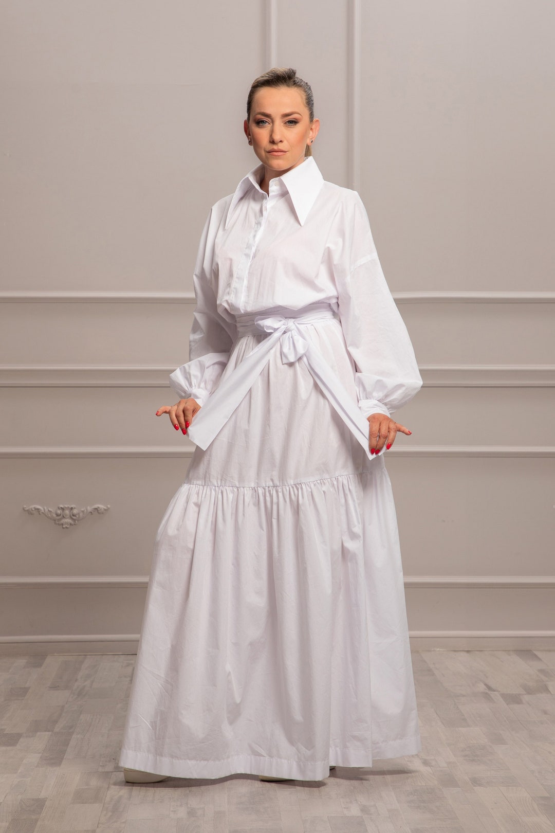 Summer White Shirt Dress, Avant Garde Collar Dress, A Line Tiered Dress ...