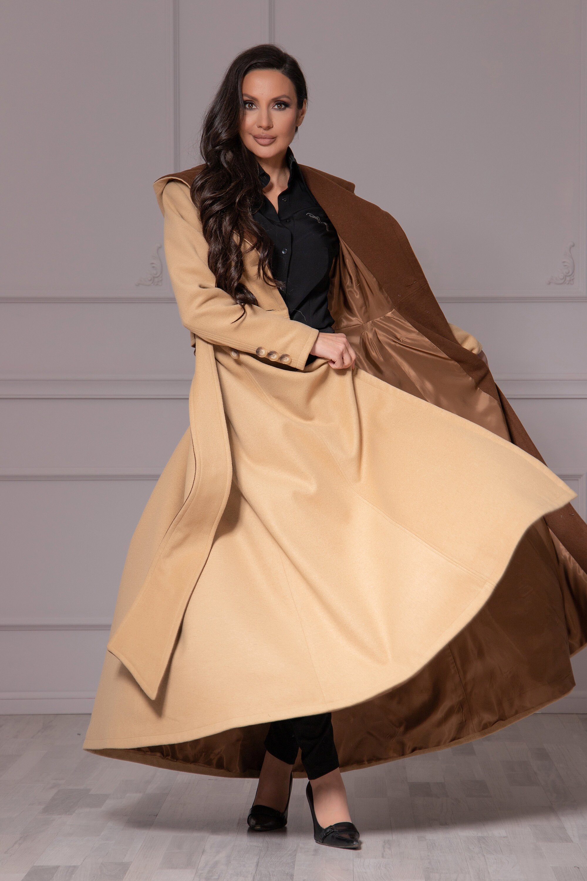 Warm Maxi Wool Coat With Deep Hood Light Academia Clothing - Etsy