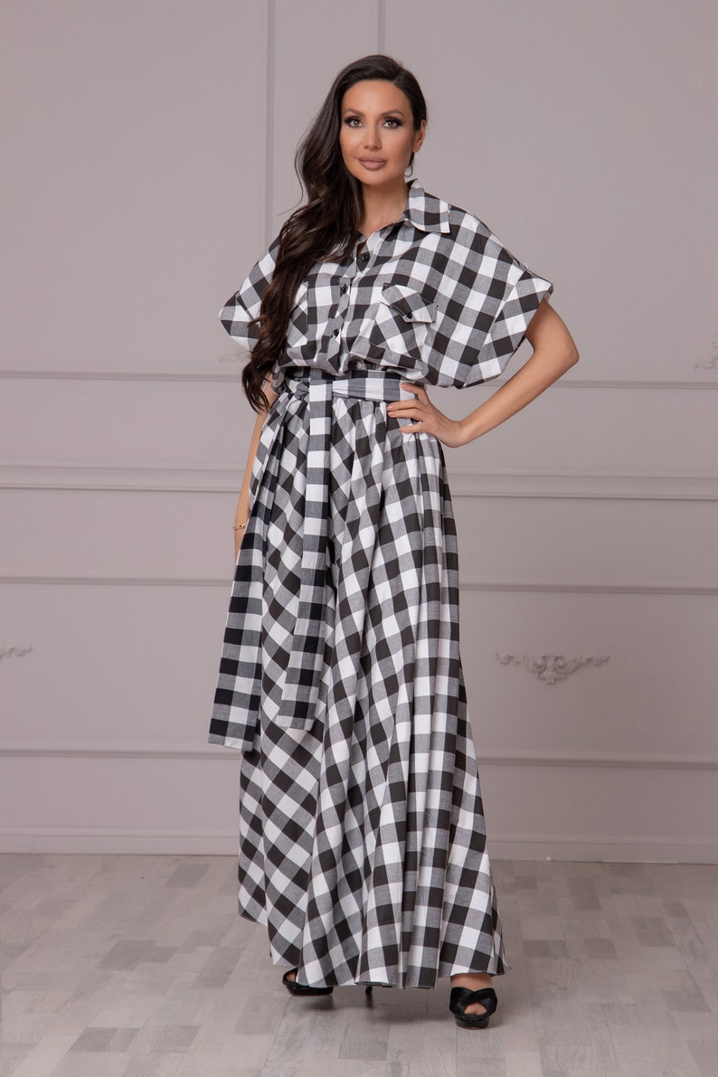Black & White Buffalo Plaid Cotton Dress Long Formal Shirt - Etsy
