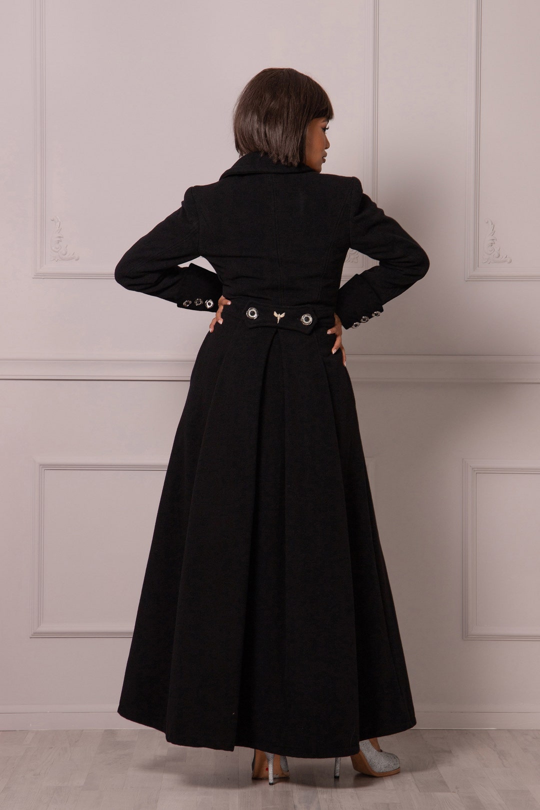 Long Victorian Coat, Extravagant Black Maxi Coat With Cuffed Sleeves ...