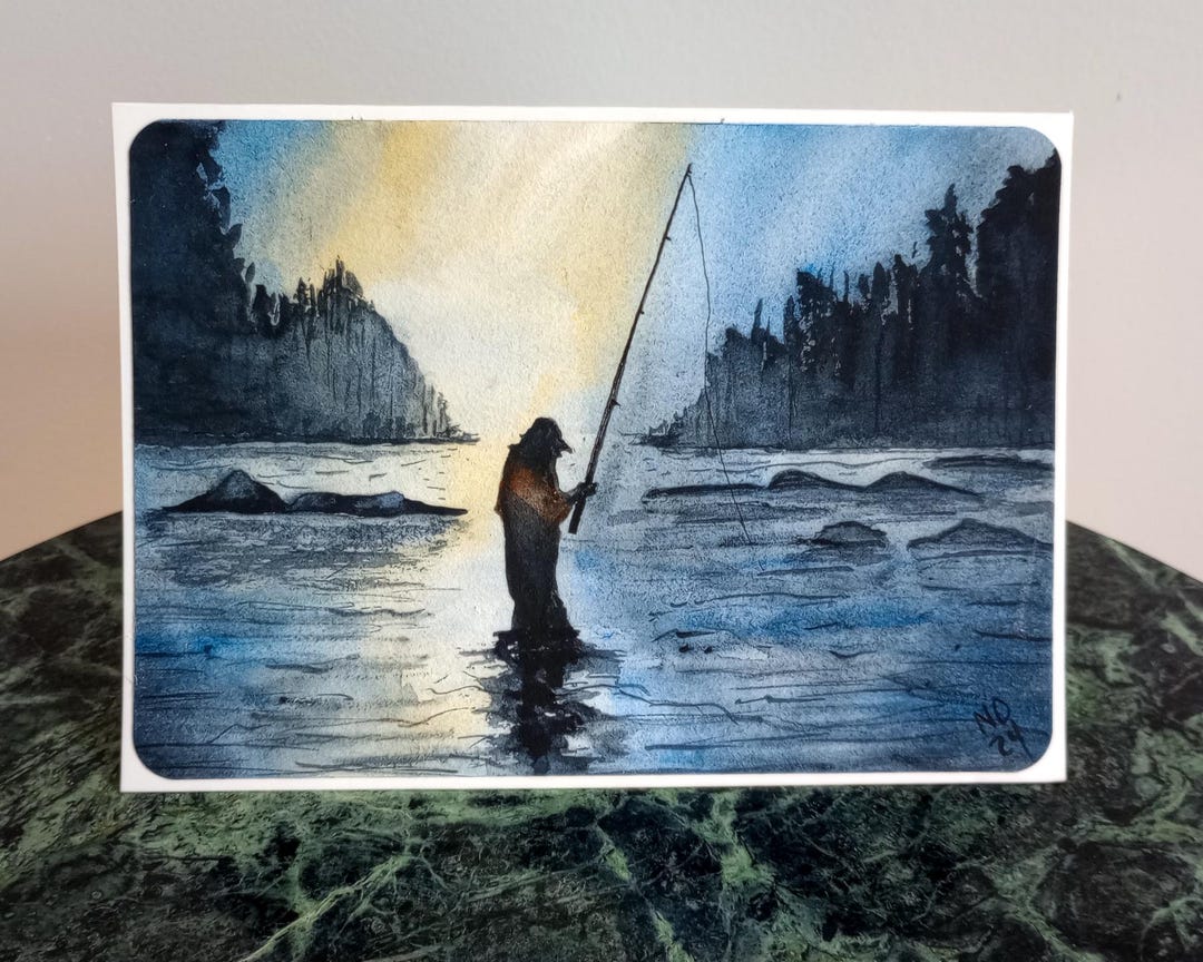 Fishing Card,original Watercolor Painting,hand Painted Frameable Hand ...