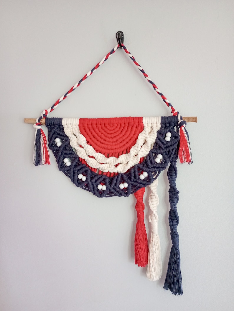 Macramé Flag Banner, Red, White & Blue Wall Hanging, Patriotic for 4th ...