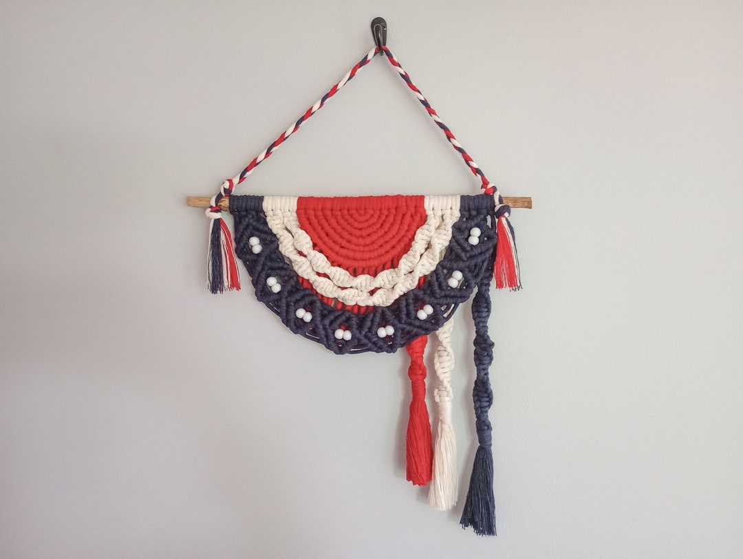 Macramé Flag Banner, Red, White & Blue Wall Hanging, Patriotic for 4th ...