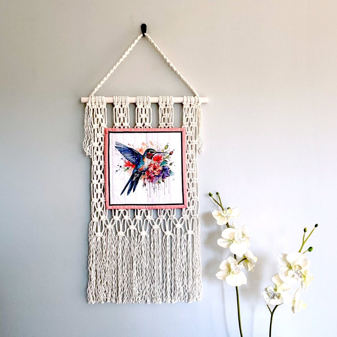 Mini Hummingbird Quilt on Macramé Wall Hanging, Unique One of a Kind ...