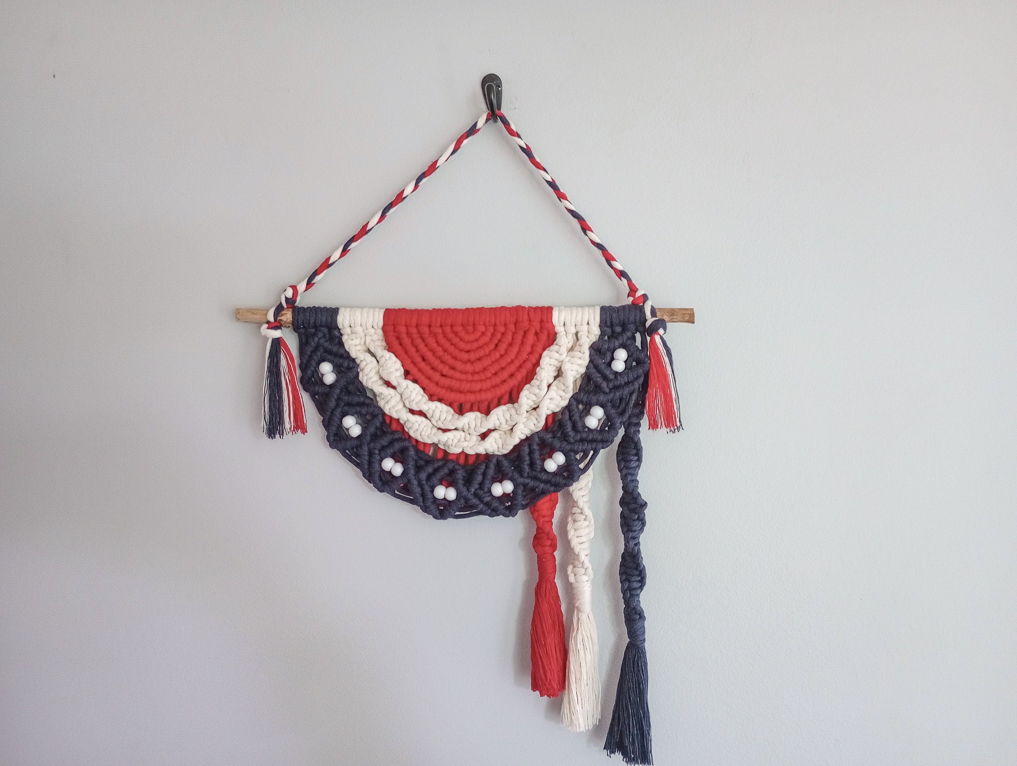 Macramé Flag Banner, Red, White & Blue Wall Hanging, Patriotic for 4th ...