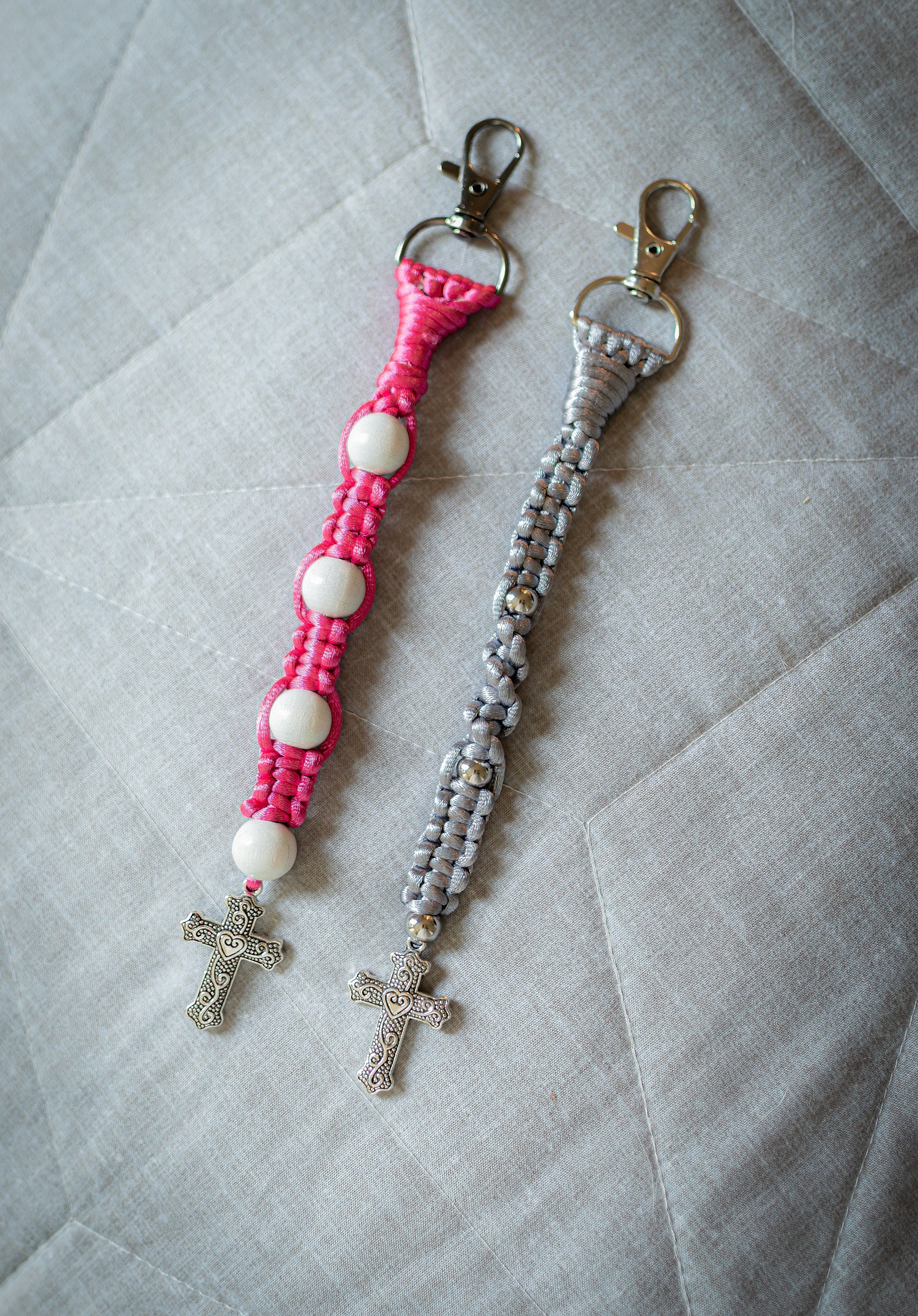 Macramé Keychain With Cross Charm Beads Satin Cord - Etsy