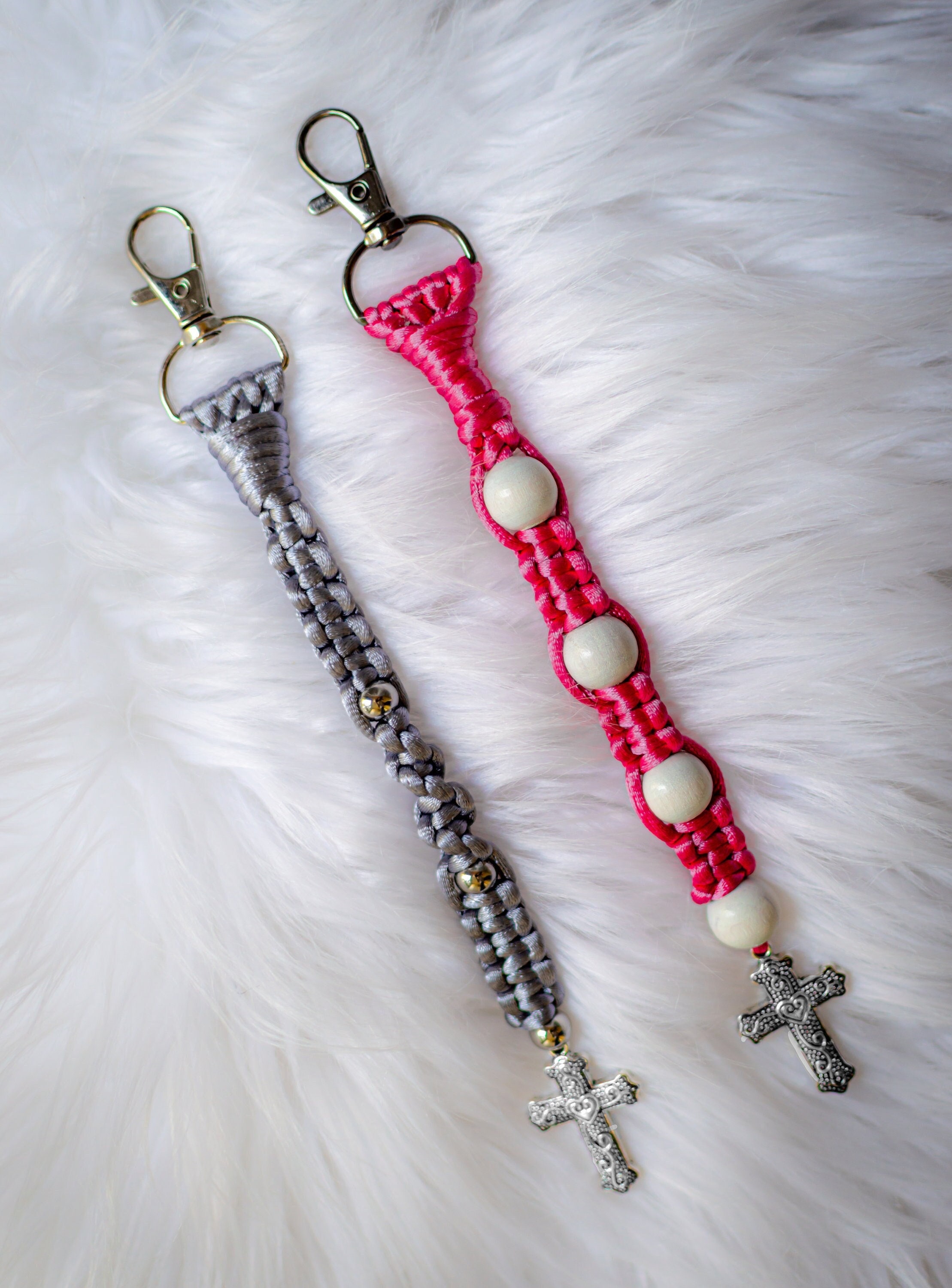 Macramé Keychain With Cross Charm Beads Satin Cord - Etsy