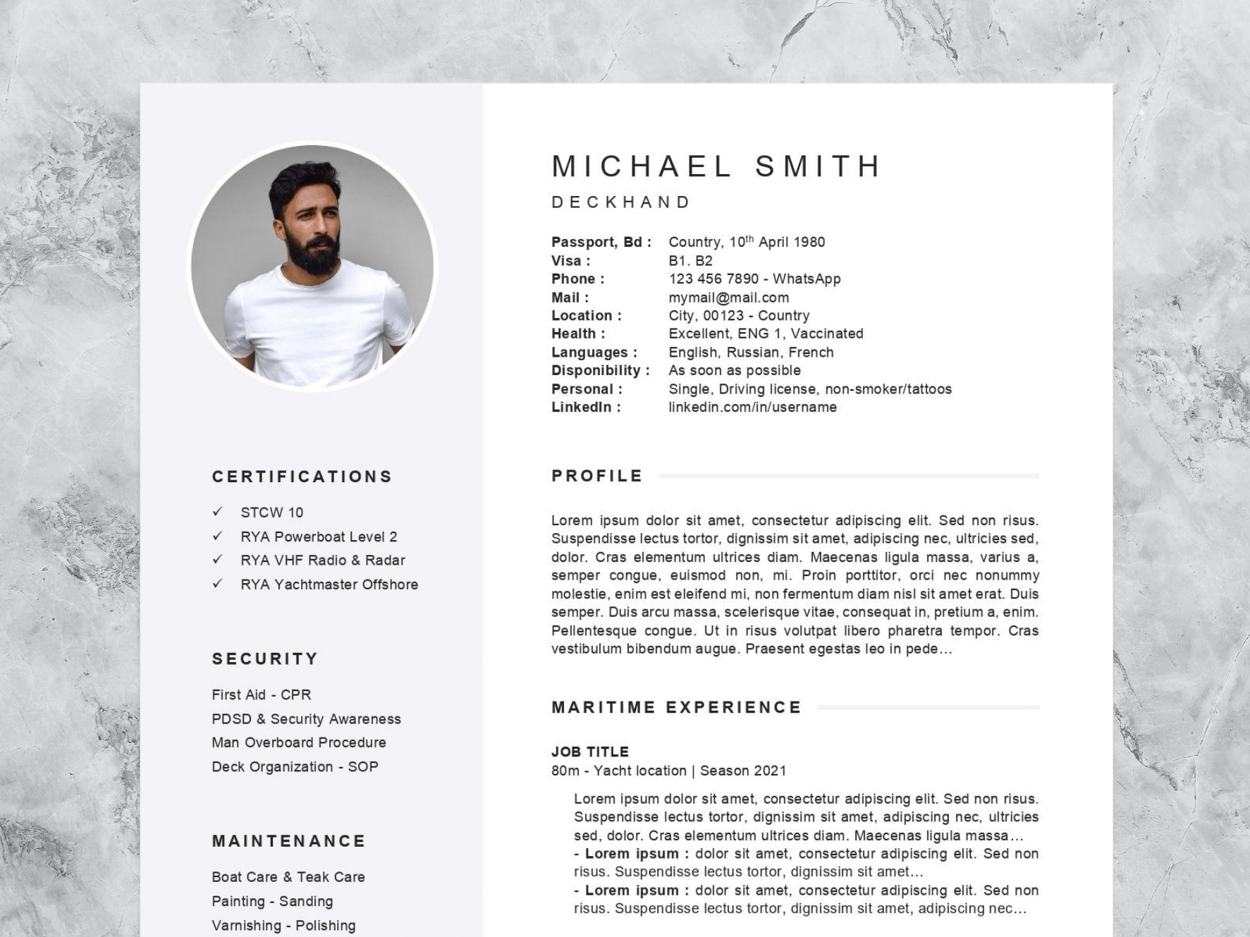 Template Cv - Template Resume - Professional CV - Yachting Resume ...
