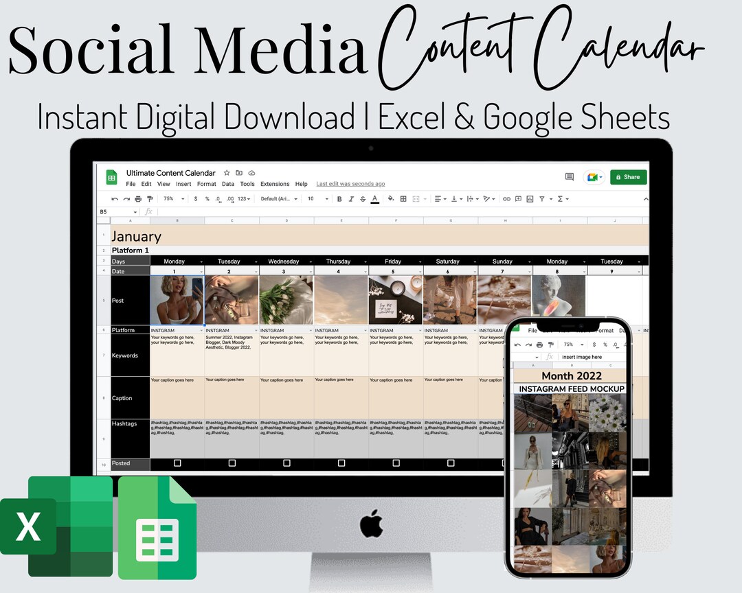 Instagram Blogger Social Media Content Calendar 2022, Digital Planner ...