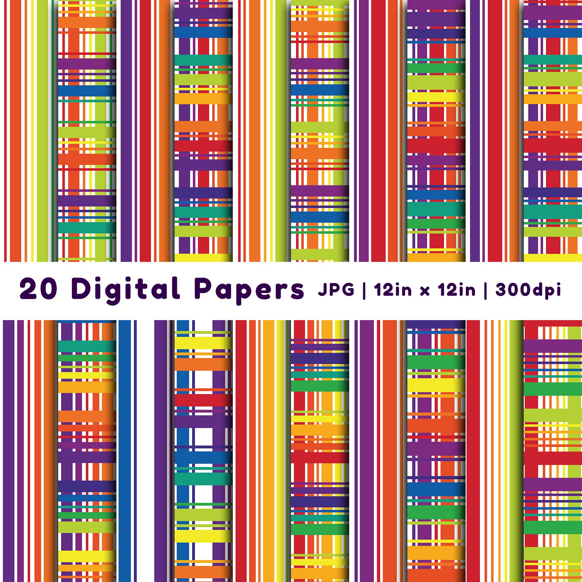 Rainbow Stripe Check Pattern 20 Digital Paper Pack Digital - Etsy