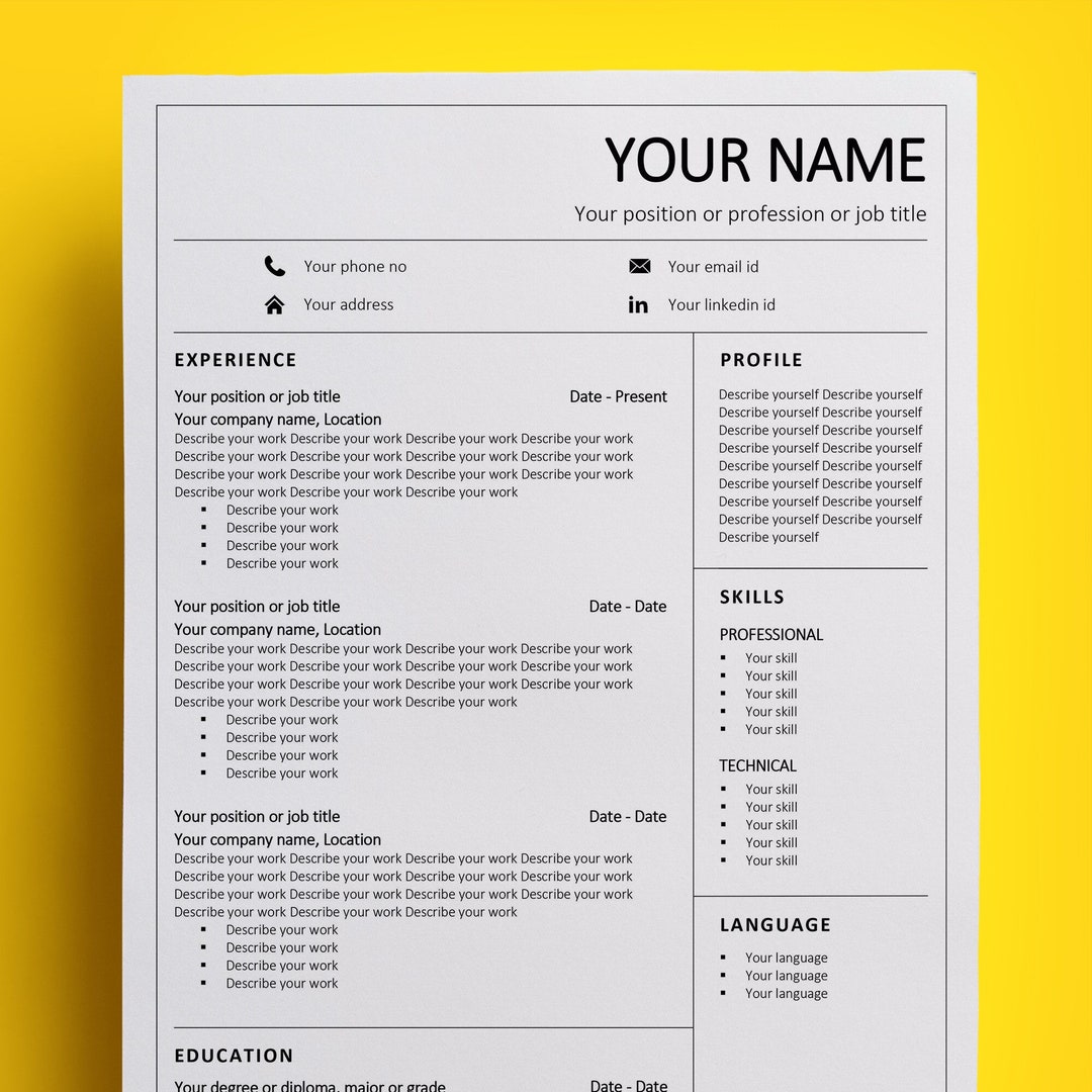 Resume Template Word Template One Page Resume Simple - Etsy