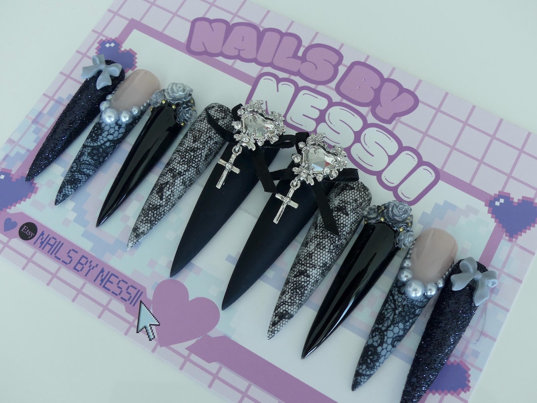 Gothic Pearl and Rose, Lace Print Emo Black, Silver Stiletto 3D Charm ...