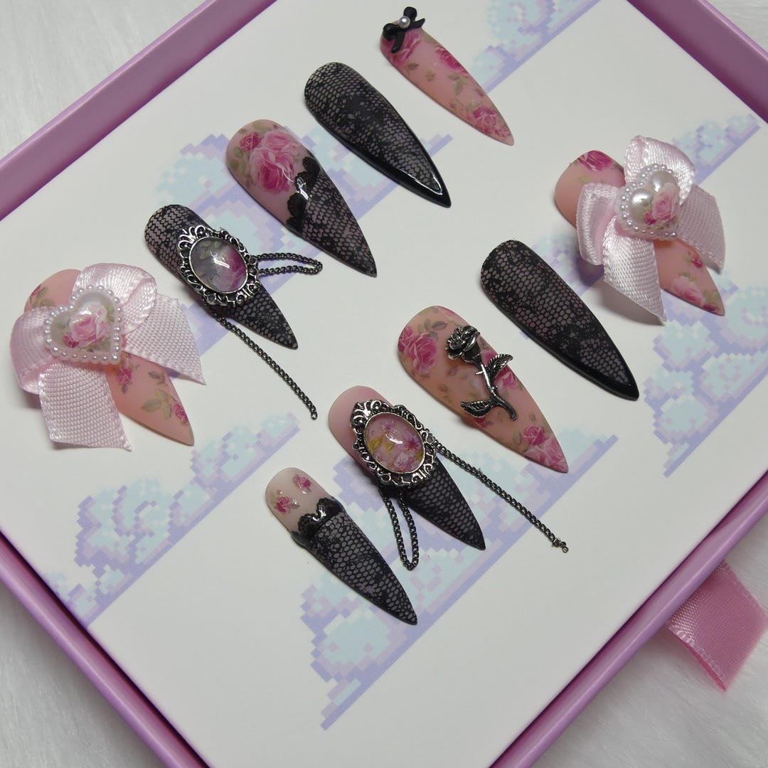 Victorian Black Lace Press on Nails, Stiletto Rose Nail Art, Gel Fake ...