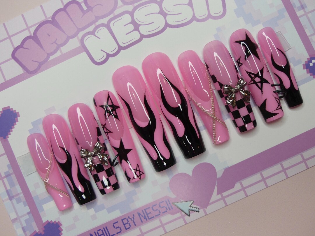 Hot Pink Fire Punk Black Checkered Hand Painted Reusable Press on Fake ...