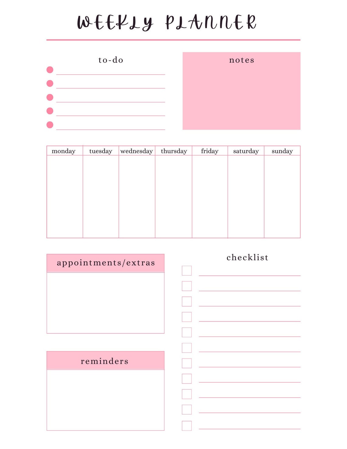 Simple Pink Weekly Planner - Etsy