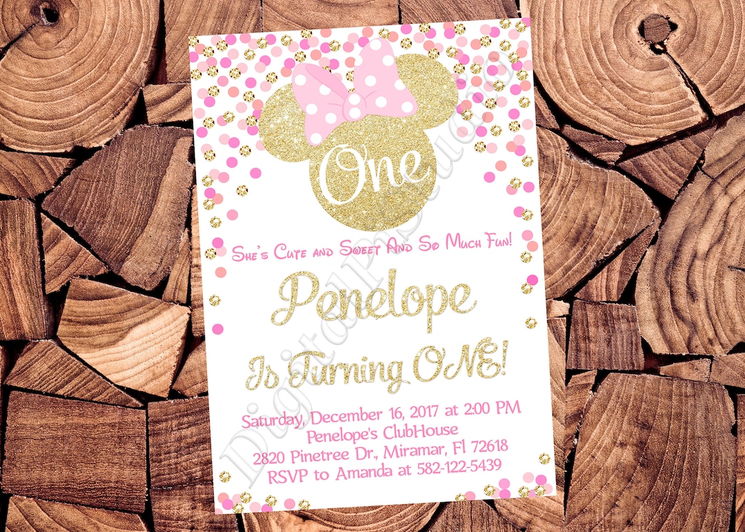 Pink Minnie Mouse Invitation Pink and Gold Minnie Mouse Invitation Baby ...