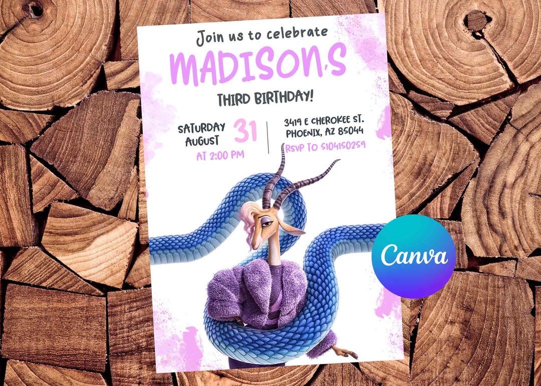 Zootopia Birthday Invitation, Editable Canva Template, Gary Blue Snake ...