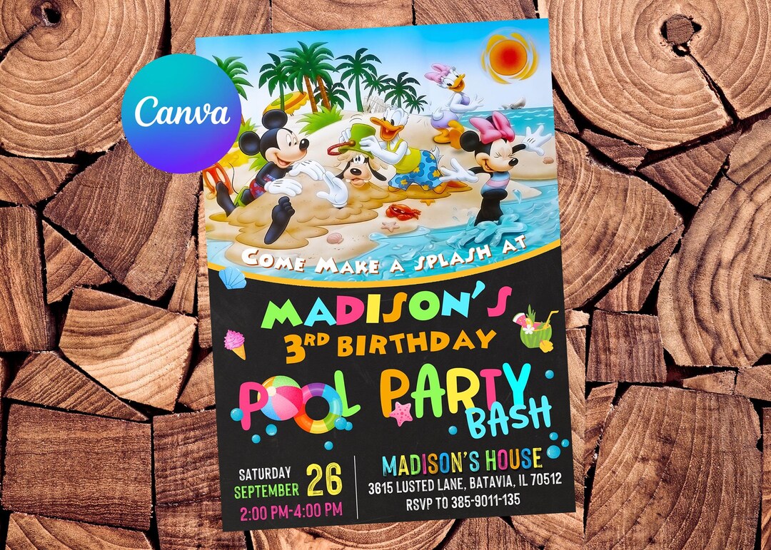 Mickey Mouse Pool Party Invitation Mickey Mouse Birthday Invitation ...