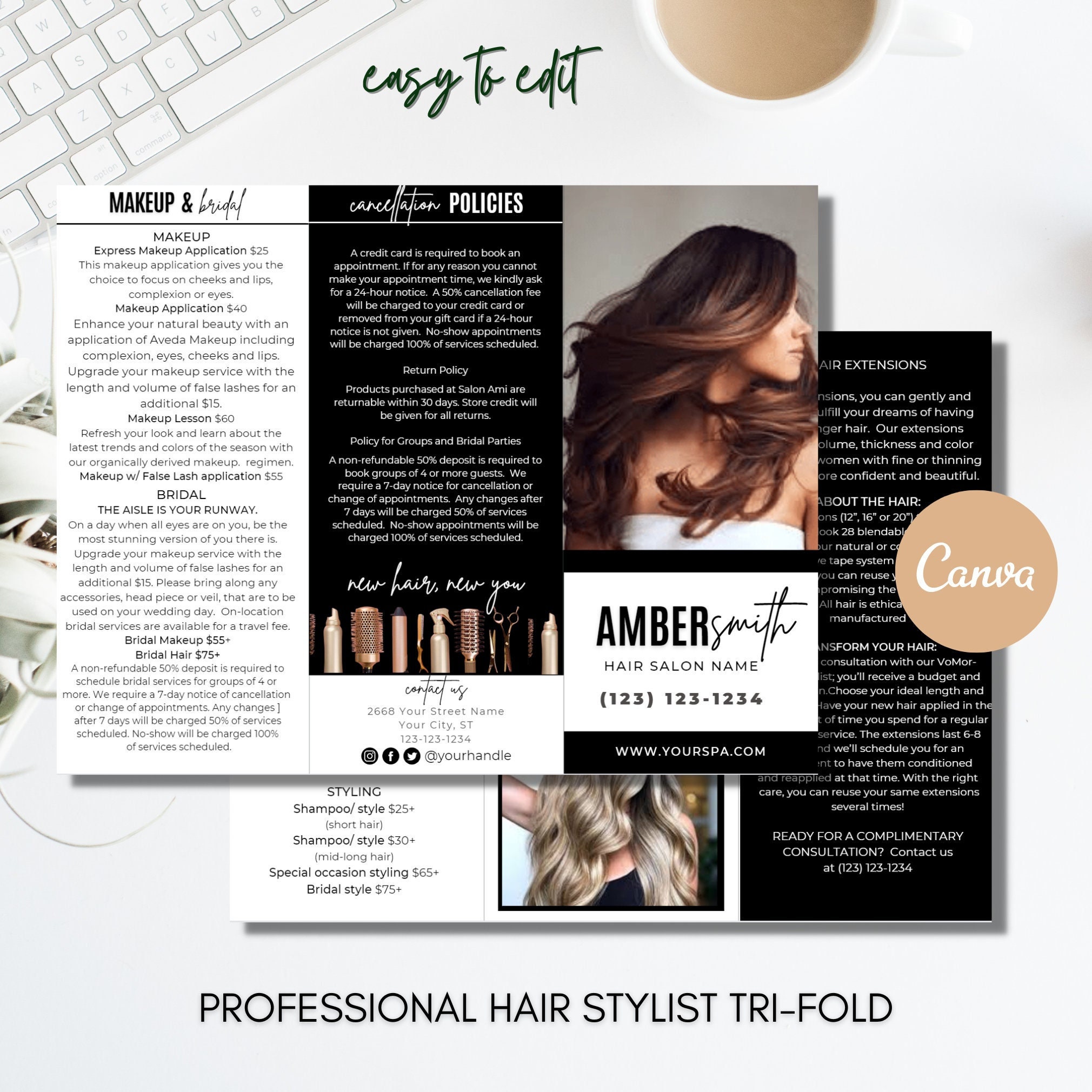 Folleto de estilista de cabello, tríptico de peluquería, folleto de estilista imprimible ...