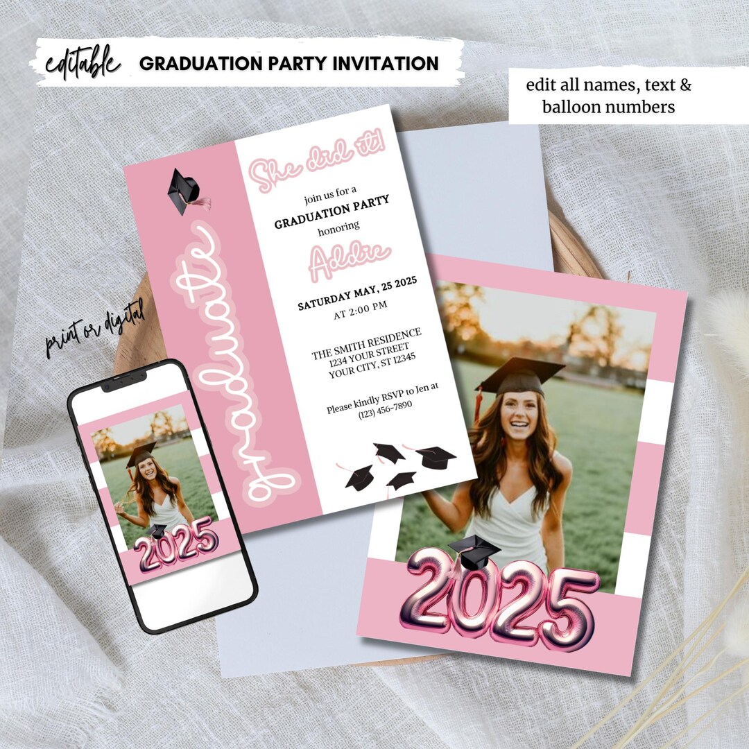 Pink Graduation Announcement Template: Photo Party Invitation (digital ...