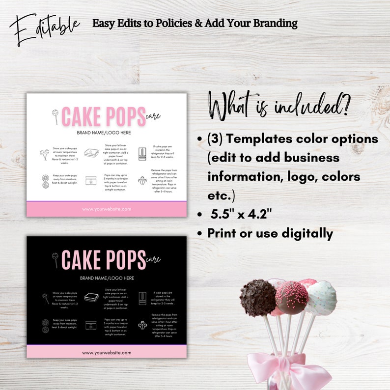 Editable Cake Pops Care Card Template: Bakery Instructions (5.5" X 4.2 ...