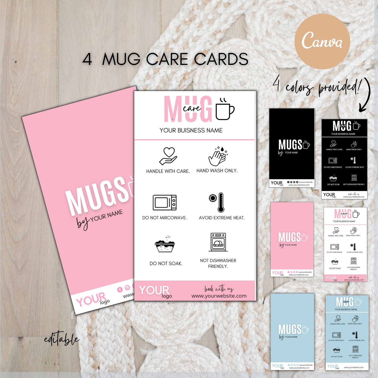 Mug Care Card Template, MINI Coffee Cup Care Guide, Editable Mugs Care ...