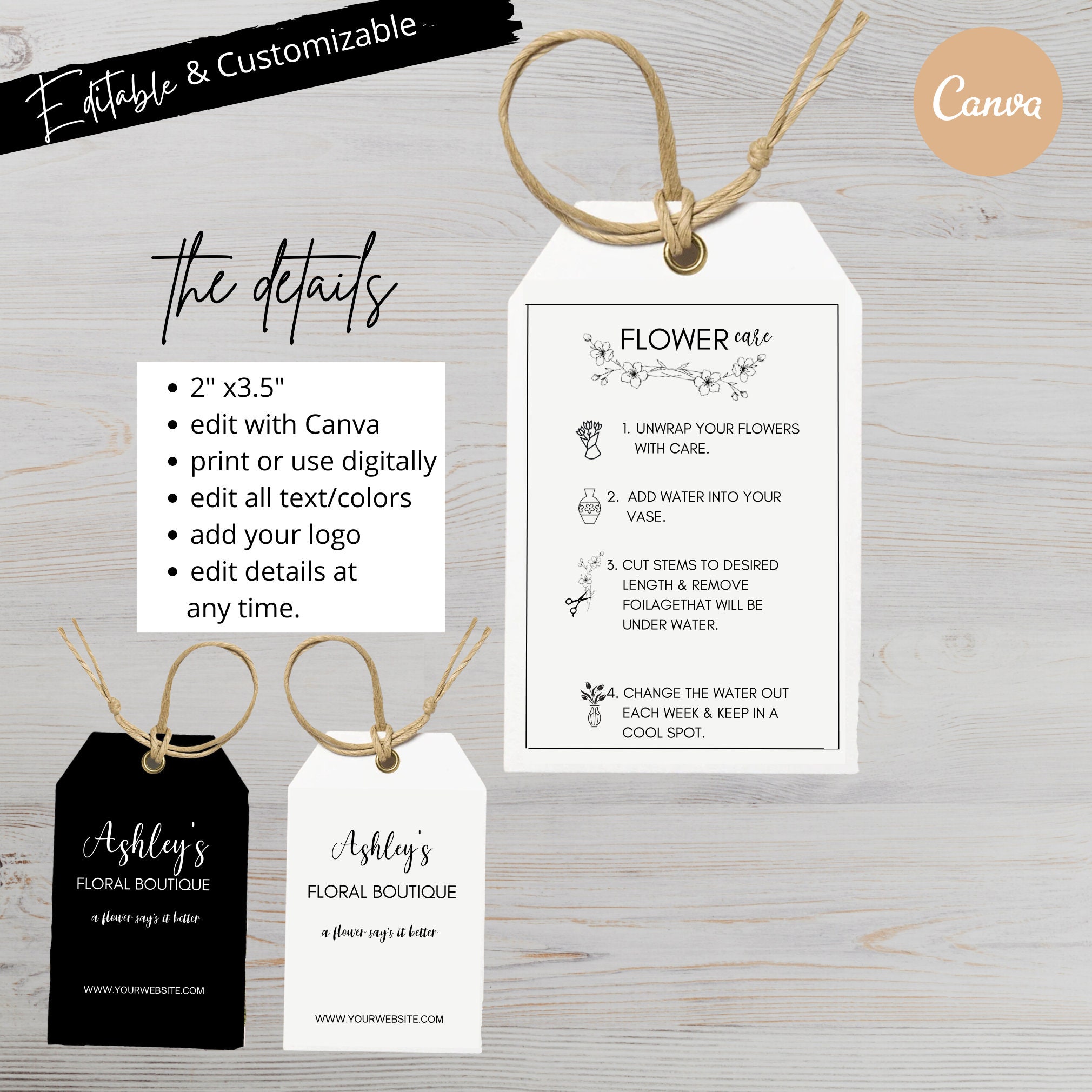 Editable Florist Hang Tag Template, Minimalist Flowers Care ...