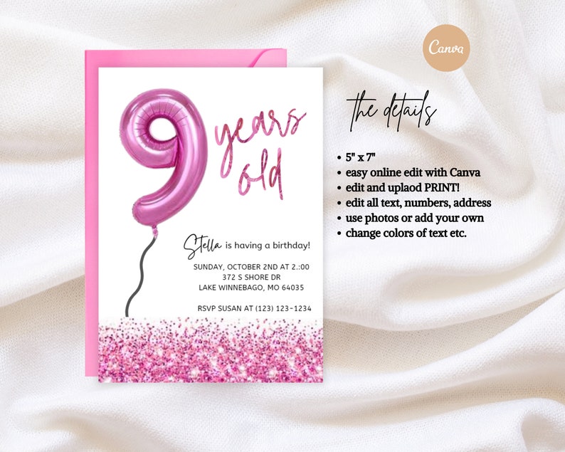 Editable Pink 9th Birthday Invitation Template Glitter - Etsy