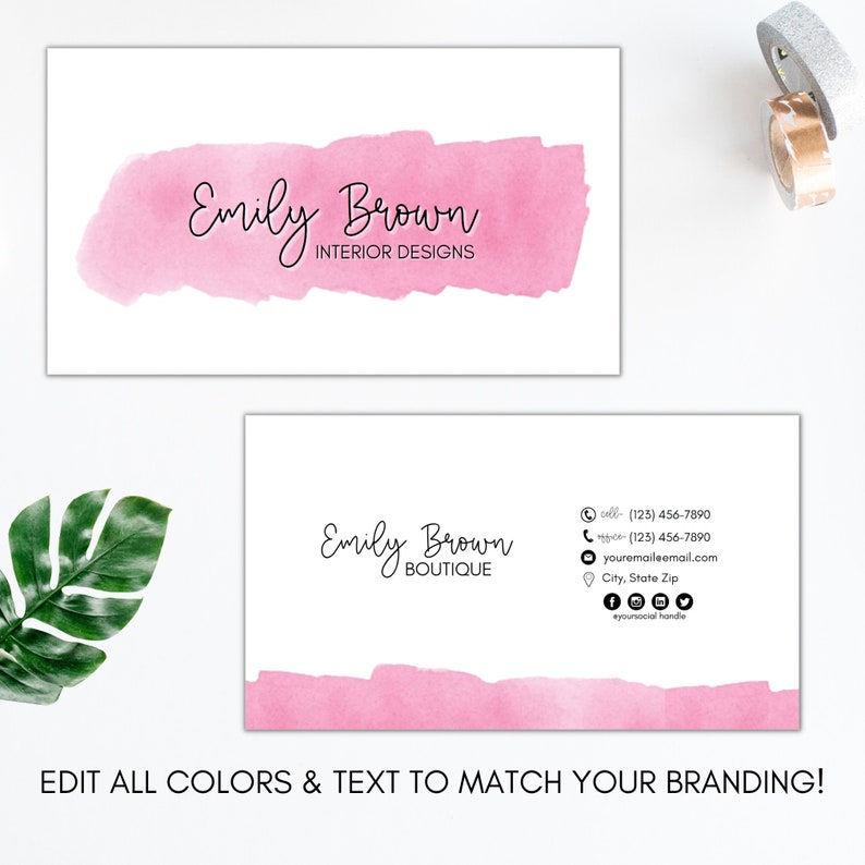 Pink Watercolor Business Card Template Watercolor Business - Etsy