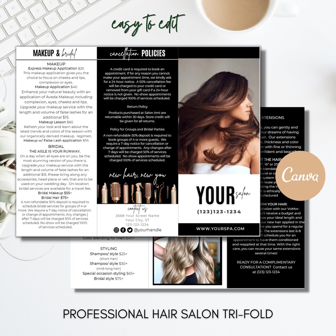 Hair Salon Brochure, Hair Stylist Trifold, Printable Hair Dresser ...