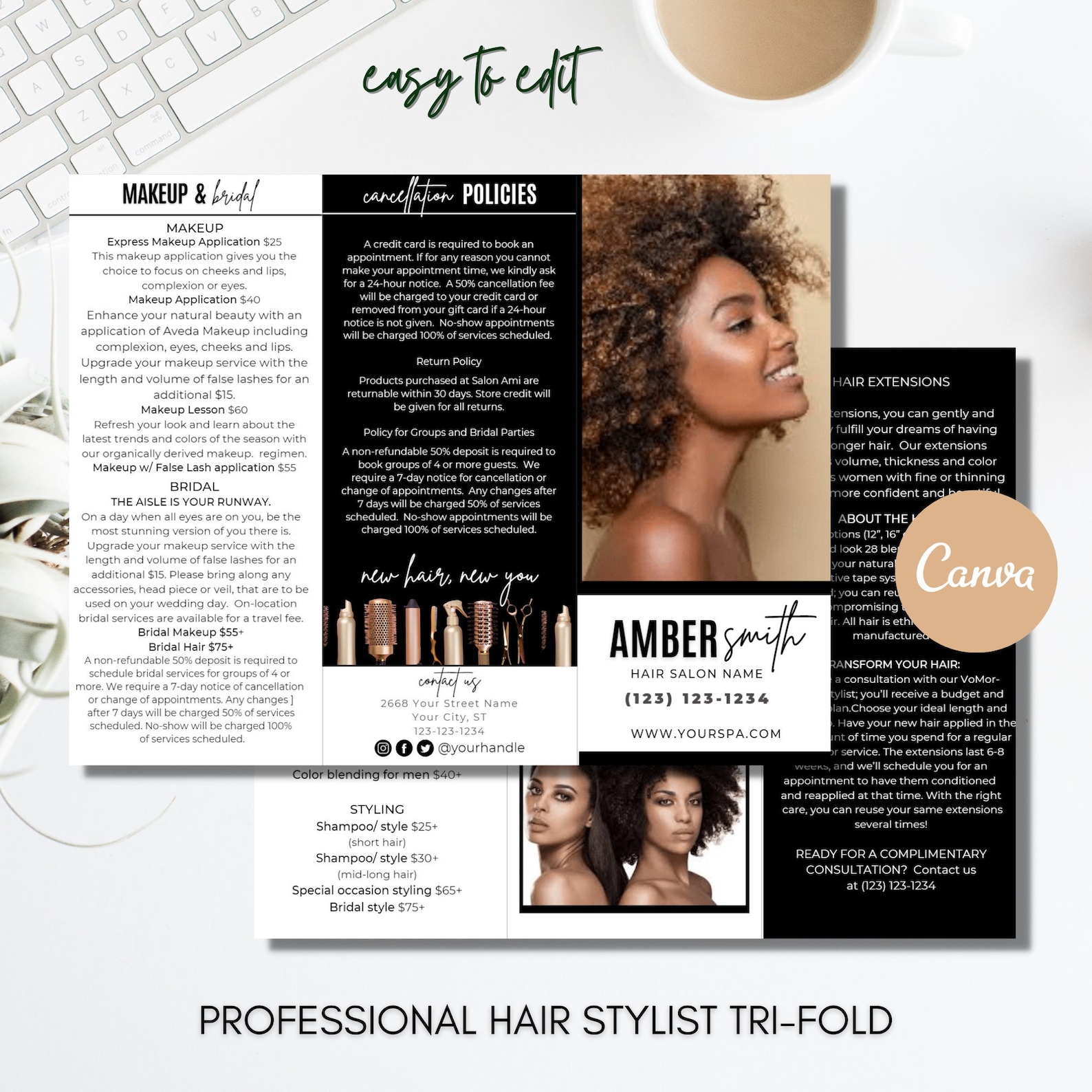 Editable Hair Salon Brochure: Printable Trifold Pamphlet (canva ...